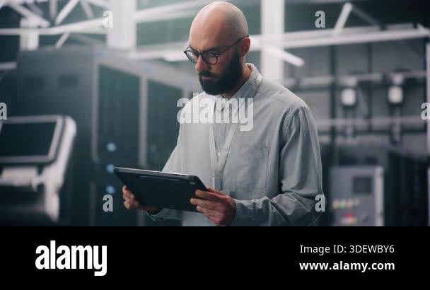 Cybersecurity Specialist Walks In Large Server Room, Performing ...