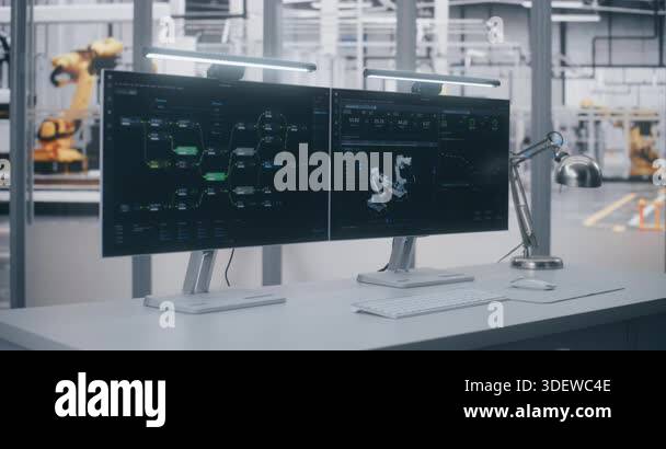 3D Robot Model on Control Panel With Data. Two Screens Display Complex ...
