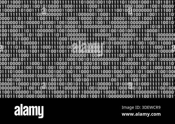 Endless stream of white binary code scrolling vertically on a black ...