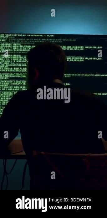 night workstation with multi monitor screens silhouette man debugging ...