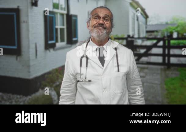 Man doctor with stethoscope and tie in white coat, middle aged hoary ...
