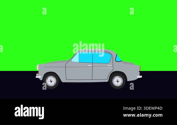 Cartoon animation of retro car running on the way, green screen loop ...