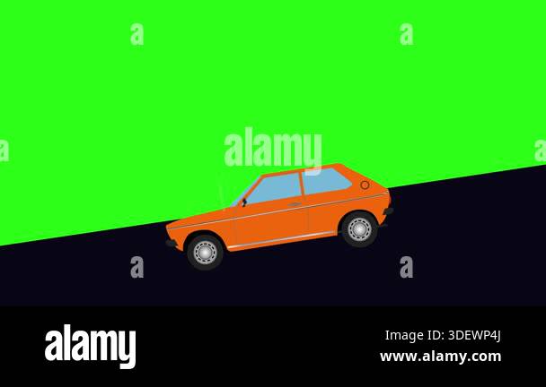 retro car cartoon animation going down the valley on the way, green ...