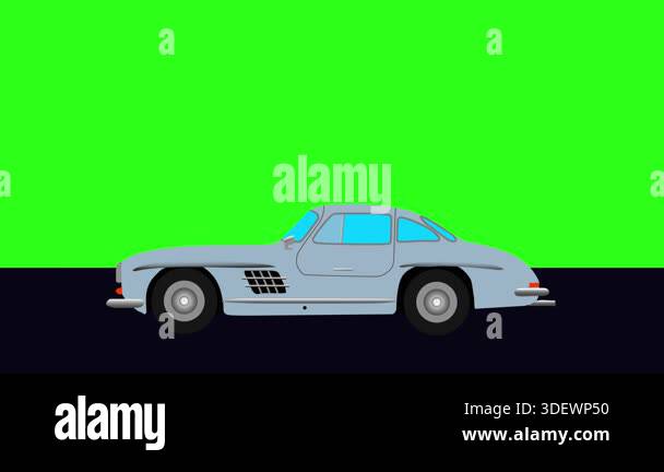 Cartoon animation of retro car running on the way, green screen loop ...
