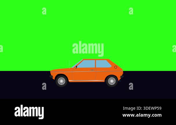 Cartoon animation of retro car running on the way, green screen loop ...