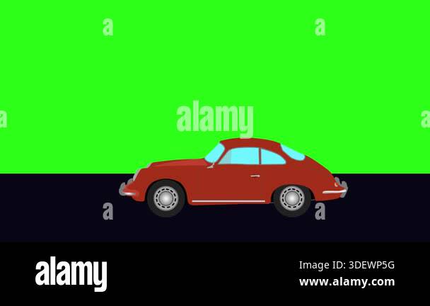 Retro car cartoon animation drive on the way with green screen ...
