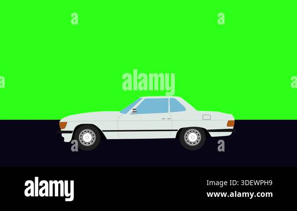 Cartoon animation of retro car running on the way, green screen loop ...