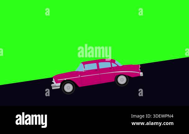retro car cartoon animation going down the valley on the way, green ...