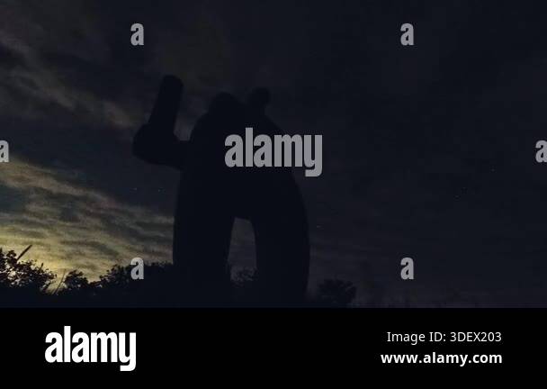 Time lapse warrior hold sword statue silhouette art at night spooky ...