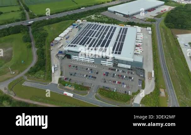 Aerial drone view of Aerial drone shot of distribution warehouses and ...