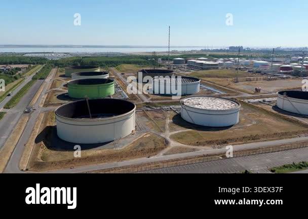 Aerial view of Liquified Petroleum gasoline LPG fuel storage silos ...