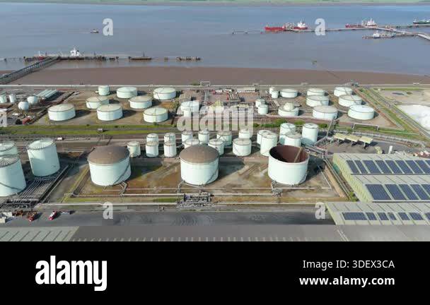 Aerial view of Liquified Petroleum gasoline LPG fuel storage silos ...