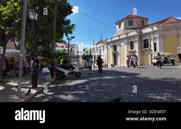 Narrow Portugal alley walk POV Lisbon street Europe historic Stock ...