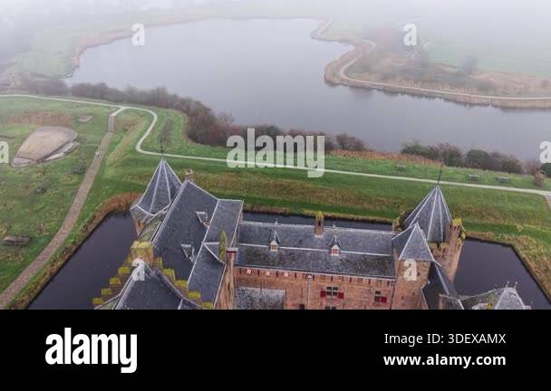 Aerial view of moated Dutch castle cylindrical towers, red shutters ...