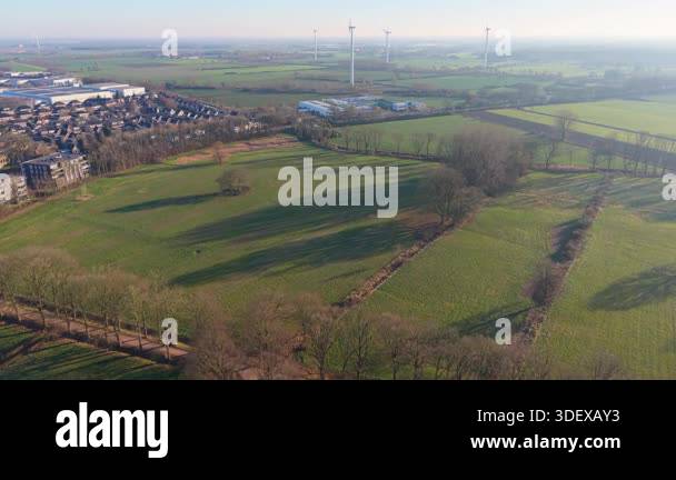 Aerial view of Dutch countryside diagonal tree lined road with long ...