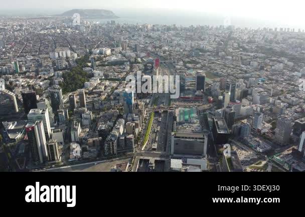 Aerial view of a cityscape with skyscrapers, tree-lined avenues, and an ...