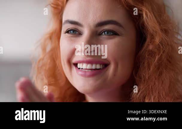 Portrait Caucasian redhead woman amazed happy excited having fun laugh ...