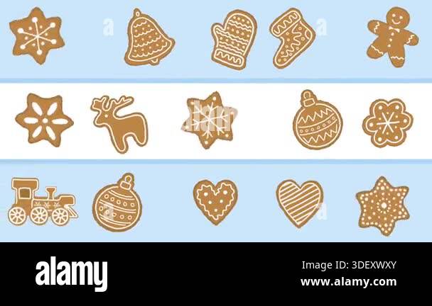 Animated Gingerbread Cookies on Blue White Striped Background ...