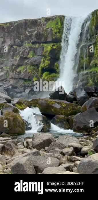 Icelandic waterfall Cascade With Lava Rocks nature Background. High ...
