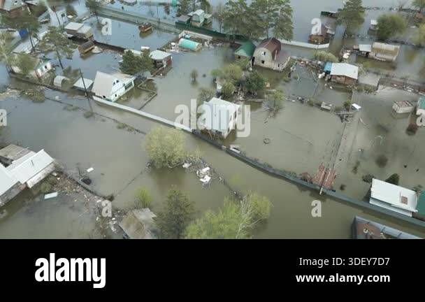 Aerial View of Severe Urban Flooding Submerging Houses and Streets ...