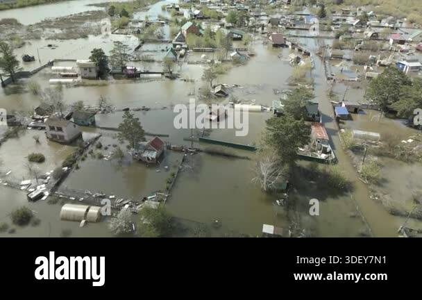 Aerial View of Severe Urban Flooding Submerging Houses and Streets ...