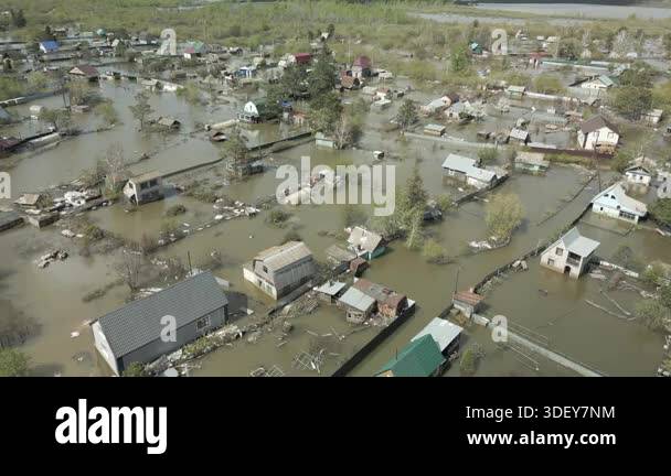 Aerial View of Severe Urban Flooding Submerging Houses and Streets ...