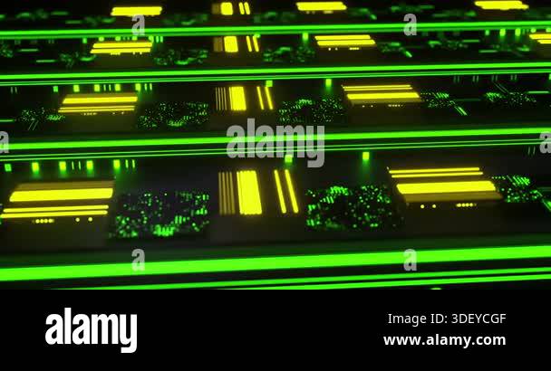 3D animation of a high-tech circuit board with moving data streams and ...