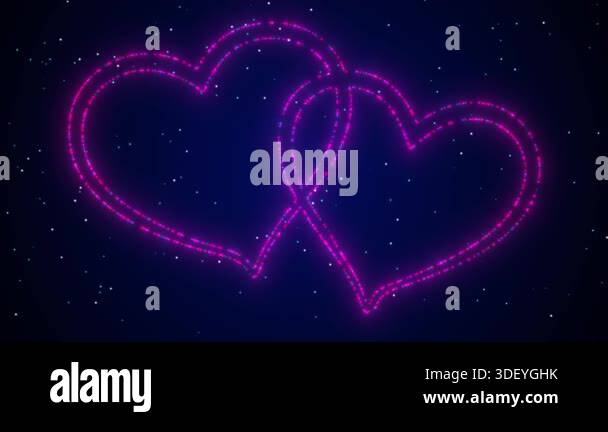 Abstract glowing red particles shaping two intertwined hearts on a dark ...