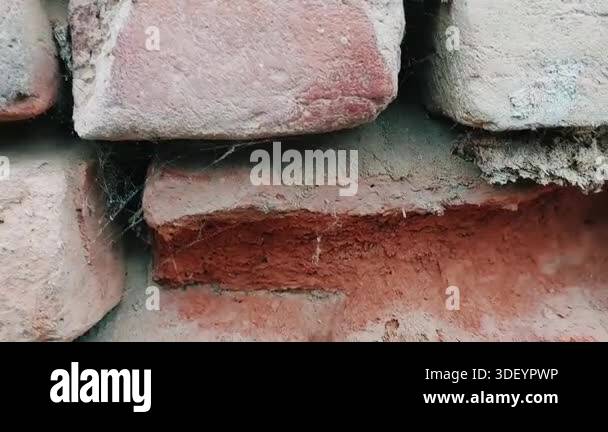 Severely deteriorated brick wall showing moisture damage and erosion ...