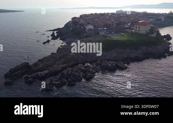 Birds eye view of the modern historic small town of Sozopol with a ...