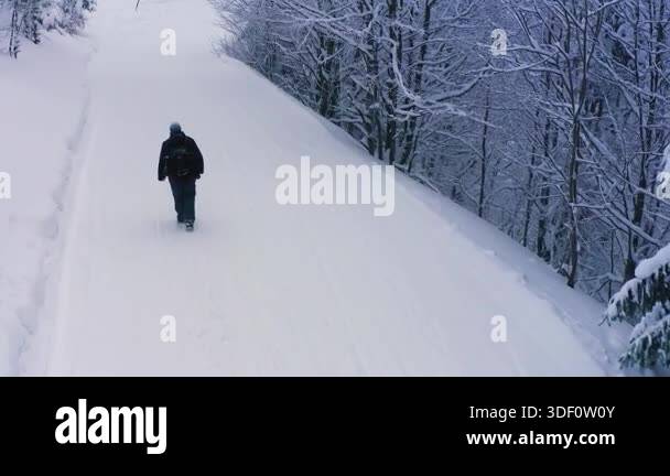 A tired warmly dressed tourist walks slowly in a calm snowfall along a ...