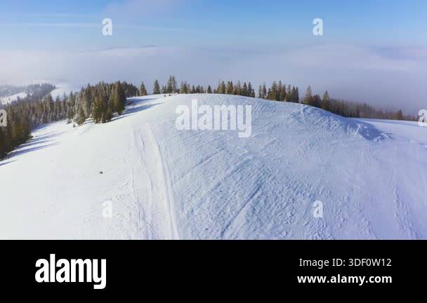 Steep mountain slopes covered with lush evergreen trees and snow-white ...