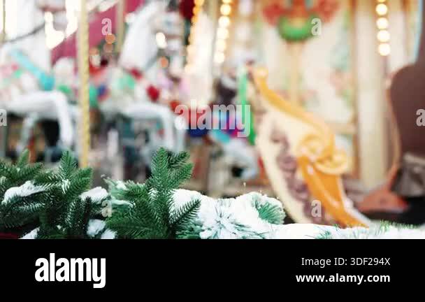 A large carousel at Christmas market on city square. Fair. Outdoor ...
