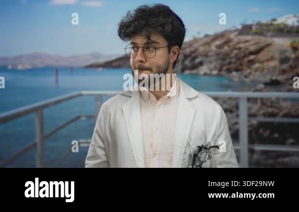Young hispanic man with beard wearing glasses and lab coat, looking ...