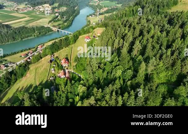 Drone view Drava riverside hills in summer, Gortina village, deep green ...