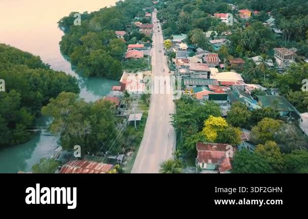 Two-way road in the Philippines, aerial footage recorded with a drone ...