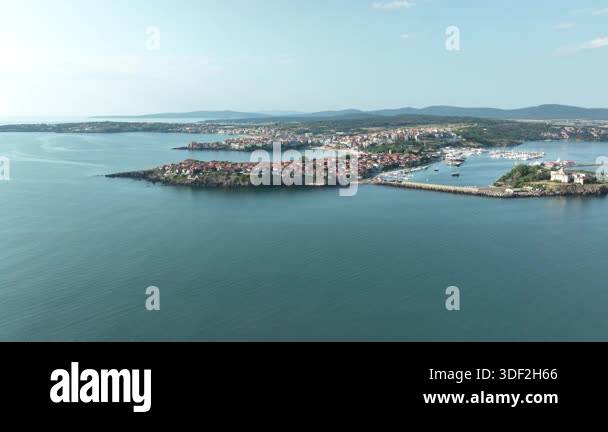 Aerial view of the old town of Sozopol. Sozopol is an ancient seaside ...