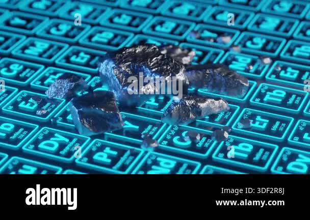 3D render: Rare earth minerals, metallic lumps, glowing periodic table ...