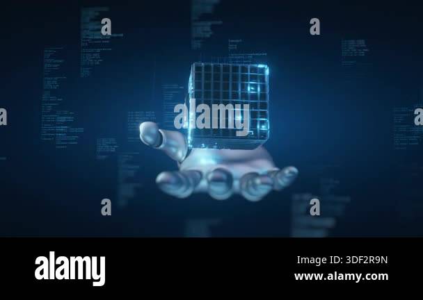 3D render: Robotic hand holding glowing AI cube. Digital data ...