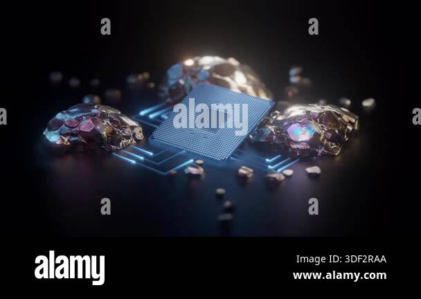3D render: CPU microchip surrounded by glowing rare earth minerals ...