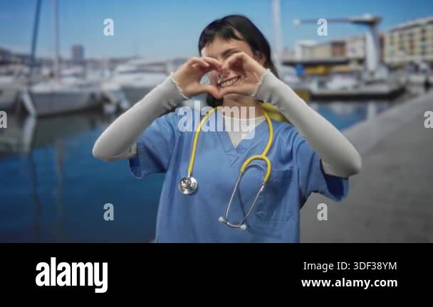 Woman nurse in blue scrubs with stethoscope making heart gesture with ...