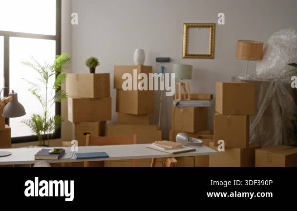 Packed moving boxes and home decor in a soft blurred interior ...