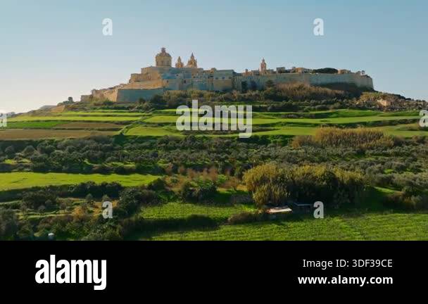Mdina city, old capital of Malta island. Drone view of green ...