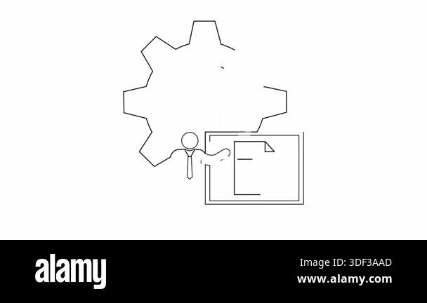 A simple line drawing of a person presenting a document with a gear in ...