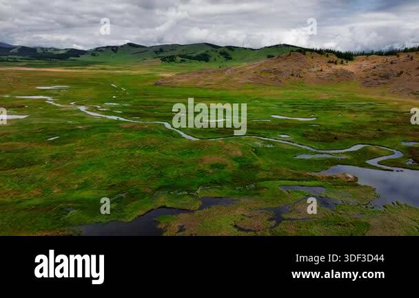 Aerial view of a drying river flowing through a green field surrounded ...