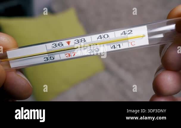 Person holds a classic glass thermometer showing a high body ...