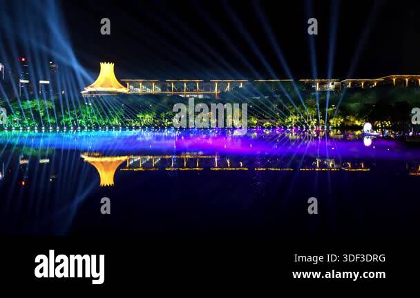The brightly lit night view of the Minge Lake area in Nanning, Guangxi ...