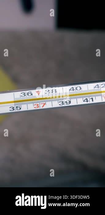 Glass mercury thermometer displays a high body temperature over 39 ...