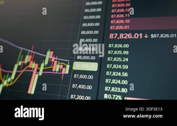 Close-up of a digital screen shows a cryptocurrency price chart and ...