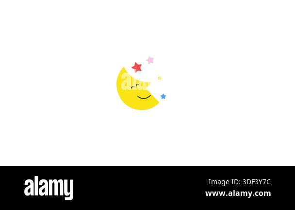 A cheerful crescent moon with a smile surrounded by colorful stars in ...